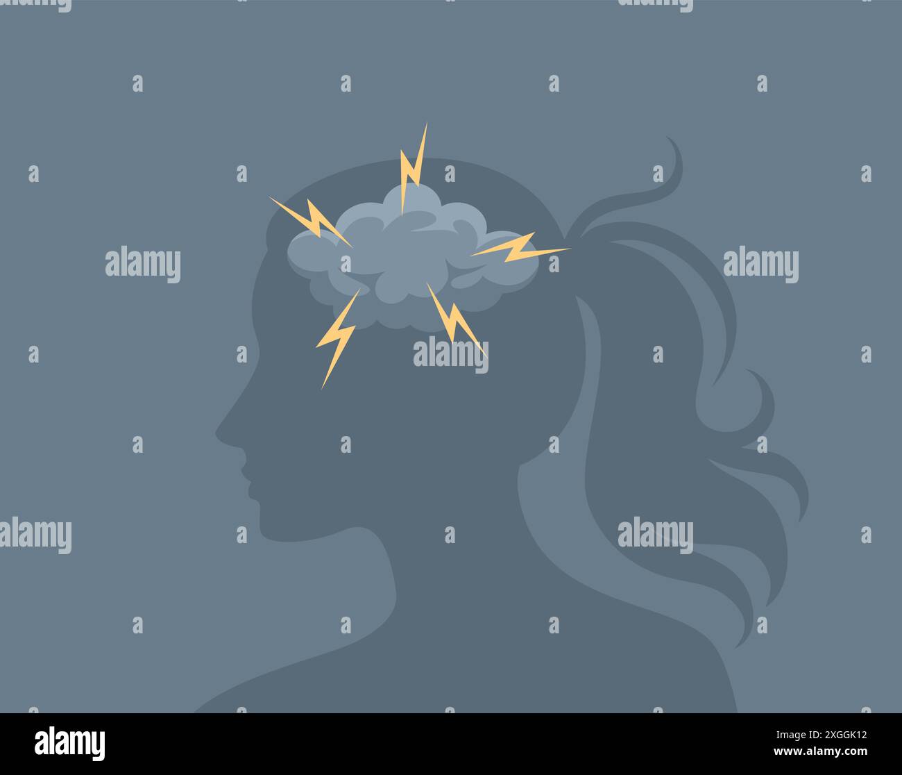 Female Silhouette With Storm Cloud And Lightning Inside Her Head