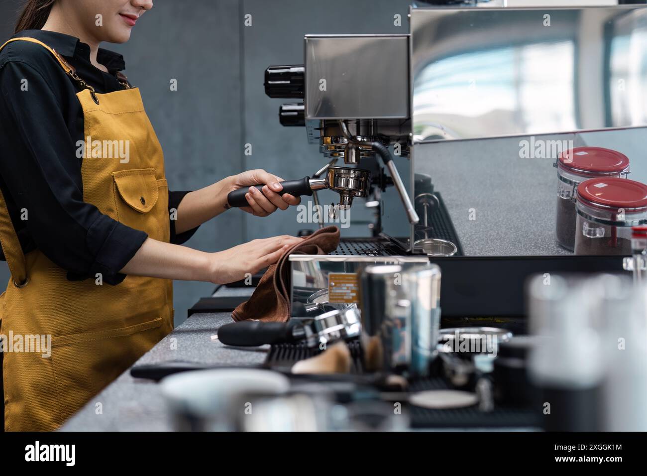 Barista Preparing Espresso with Professional Coffee Machine in Modern Cafe Setting Stock Photo ...