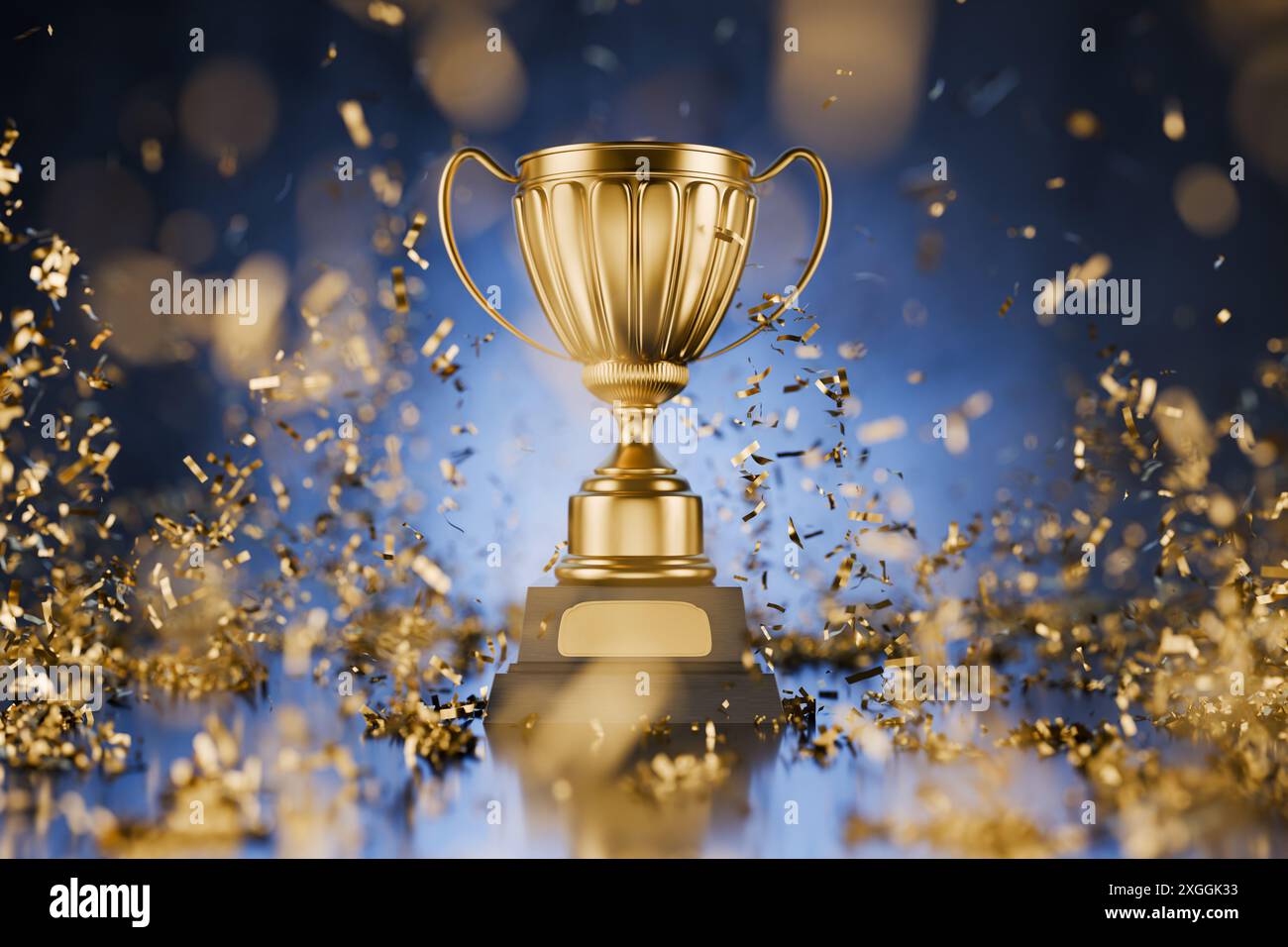 A shiny gold winner's cup on a blue background symbolizes victory and ...