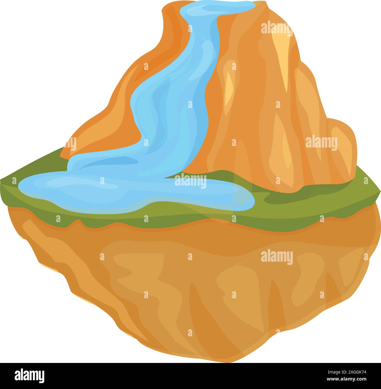 Cartoon illustration of a waterfall flowing from a cliff on a floating ...