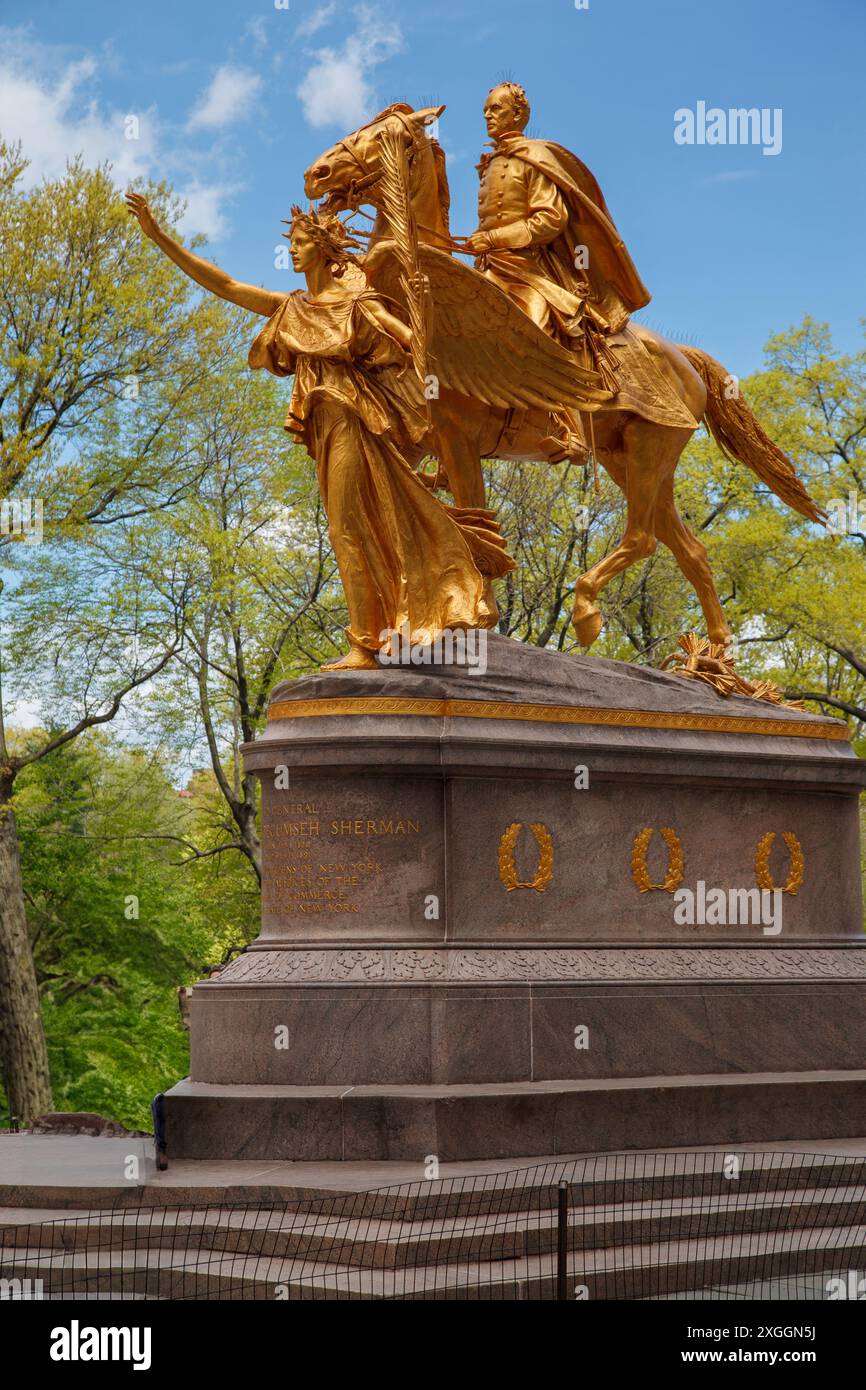 The golden monument of General William Tecumseh Sherman with a guiding ...