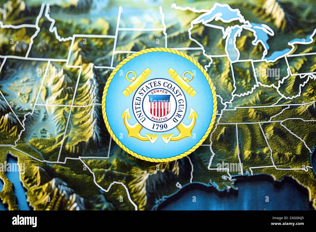 KYIV, UKRAINE - JUNE 26, 2024 United States Coast Guard coat of arms on ...