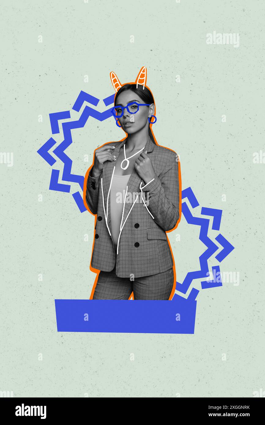 Vertical collage picture young confident pretty businesswoman devil ...
