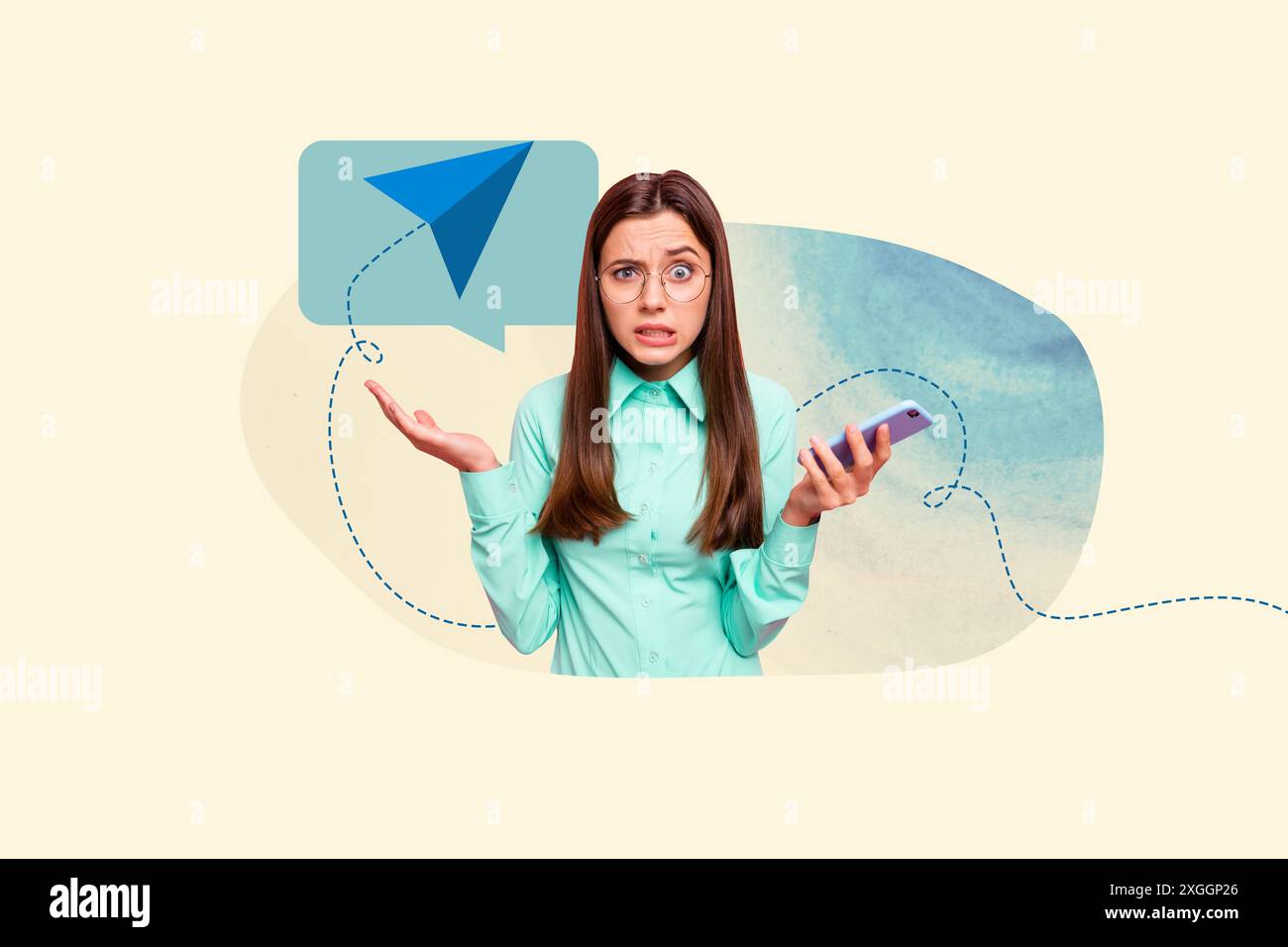 Creative picture young questioned girl telegram app messenger internet ...