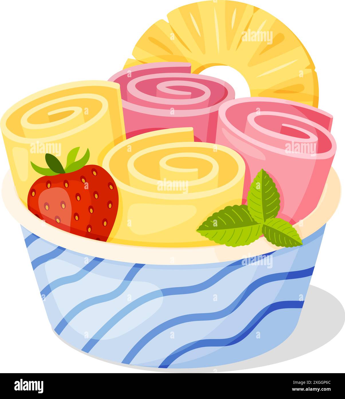 Ice cream rolls in paper basket. Pink and yellow rolls ice cream ...