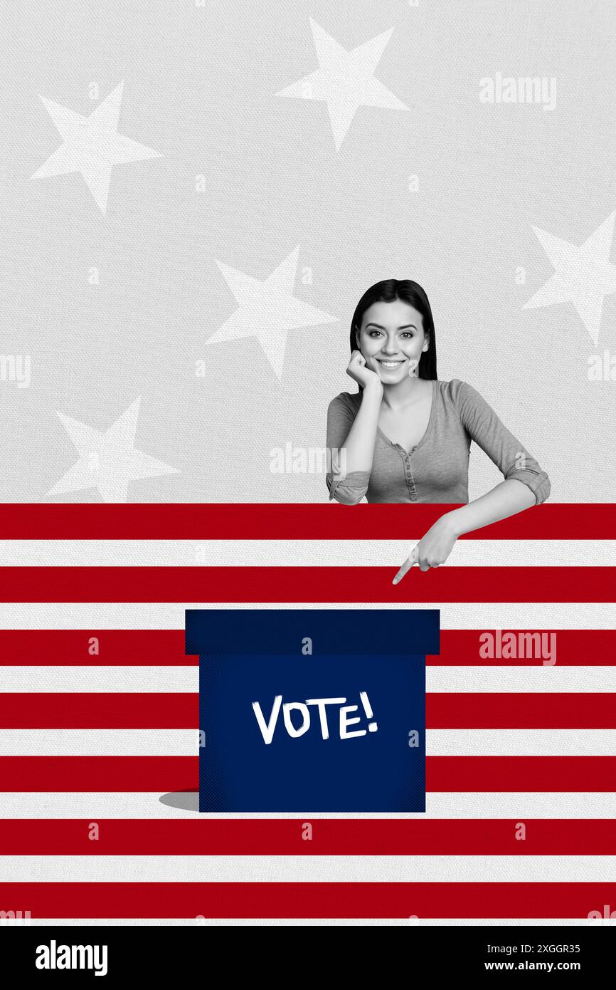 Vertical creative collage picture happy young cheerful girl showing ...