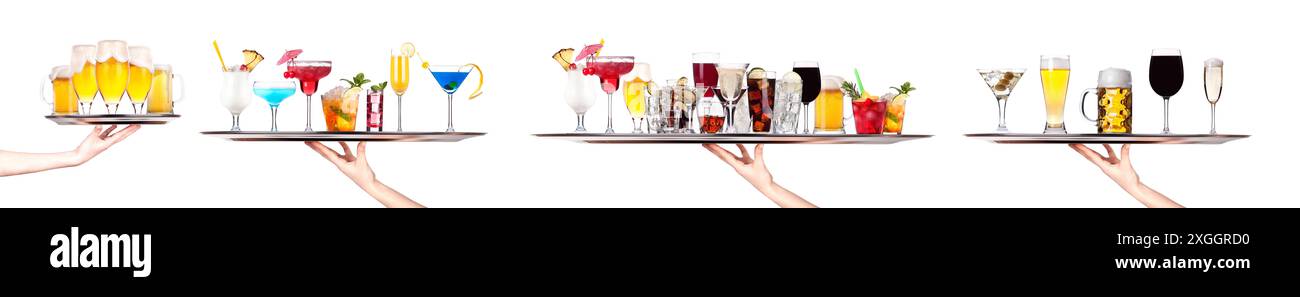 Hand holding tray with different alcohol cocktails like beer, martini ...