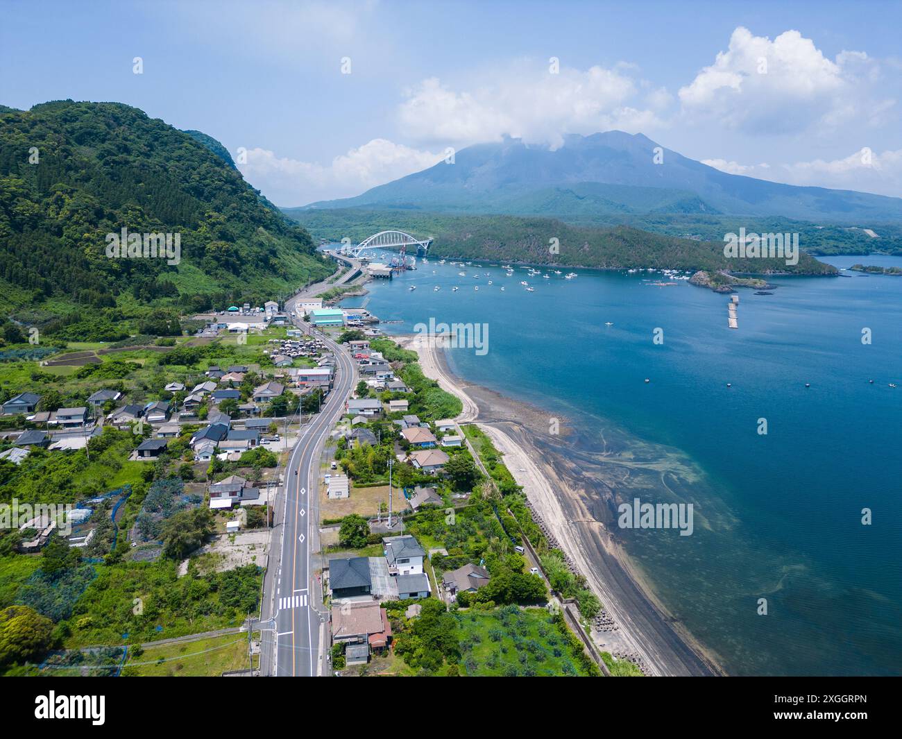 Kagoshima, Japan: Aerial drone view of the coastal road between ...