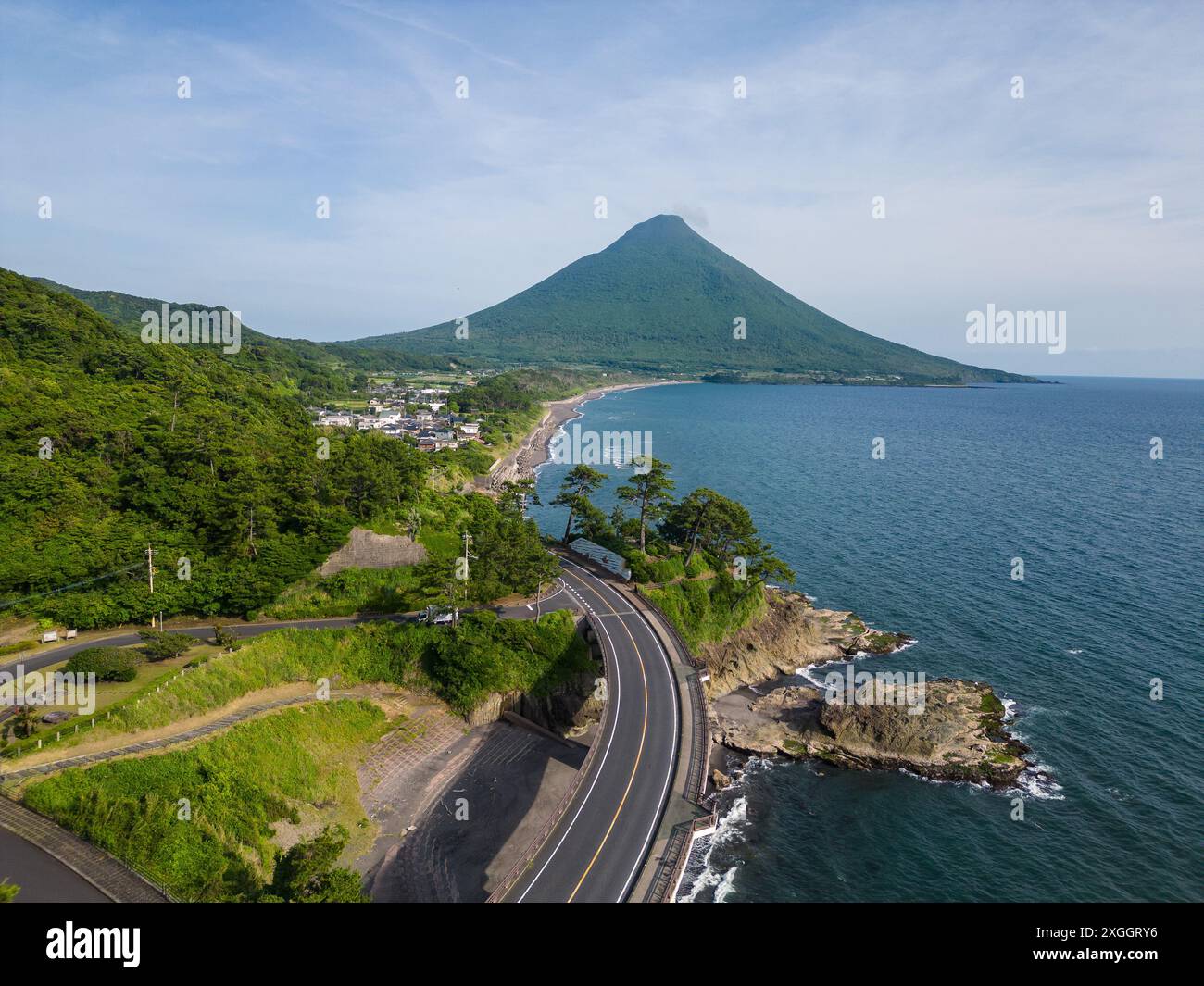 Kagoshima, Japan: Aerial drone view of the stunning coastal road of ...