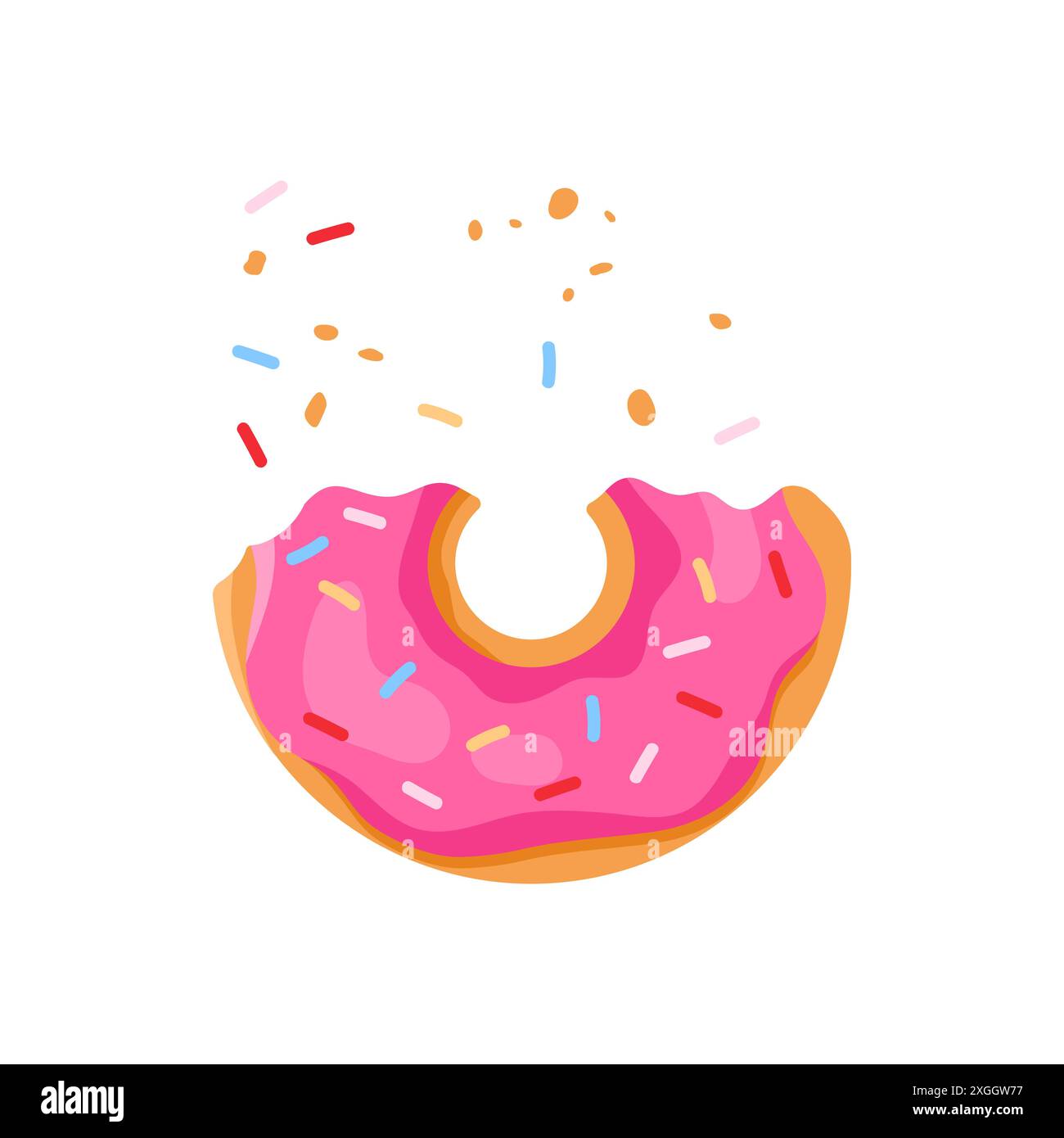 Half eaten donut, bitten breakfast doughnut with crumbs and pink glaze ...
