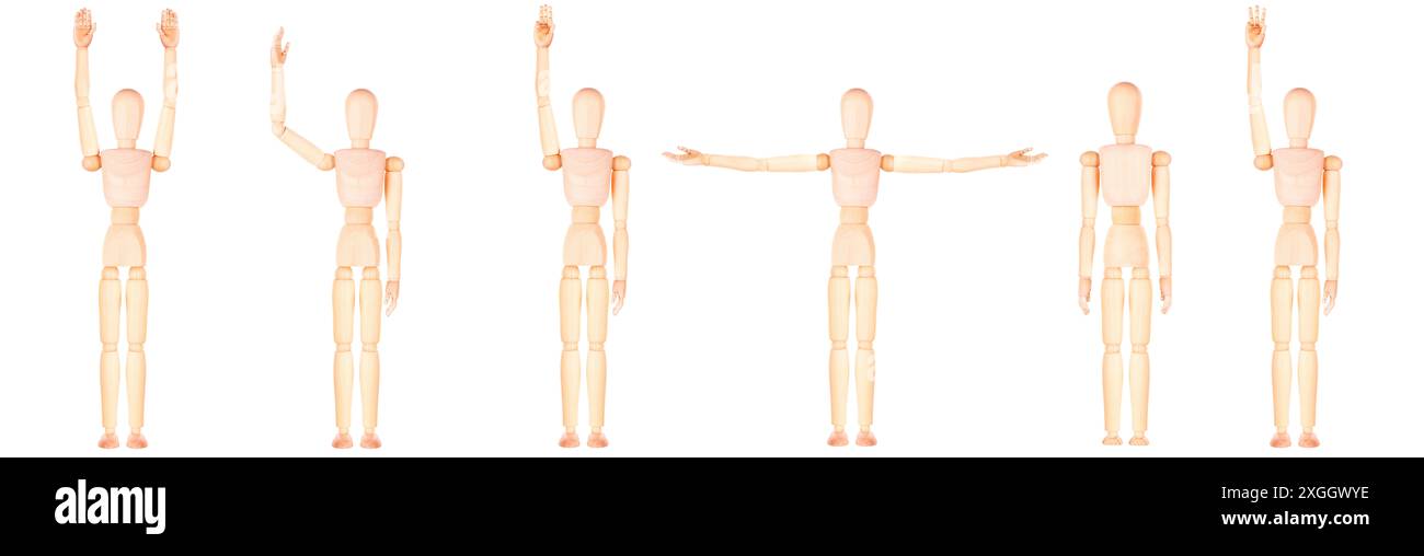 Collection of wooden human mannequins demonstrating different poses and ...
