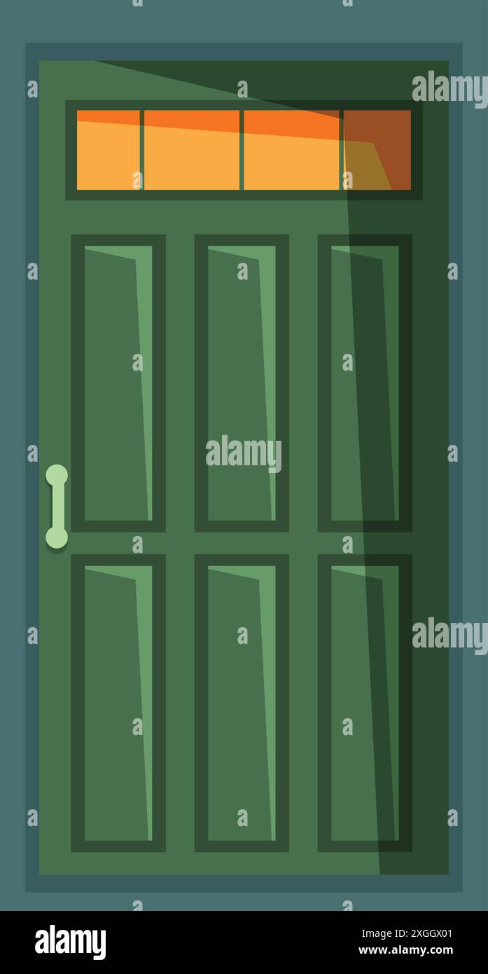 Closed green front door with a window, sunlight is shining through the ...