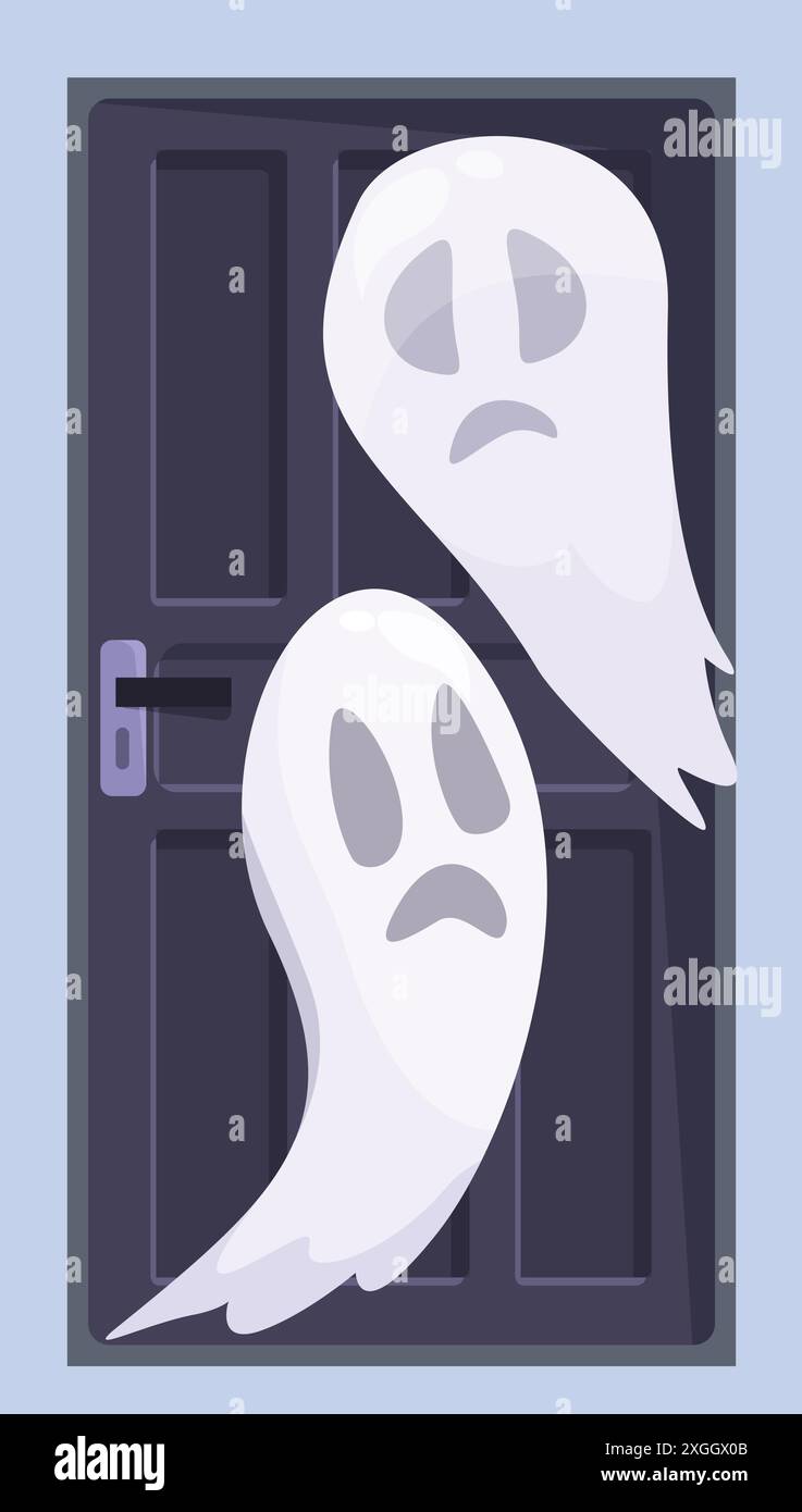 Two white cartoon ghosts with sad faces hiding behind a wooden door ...