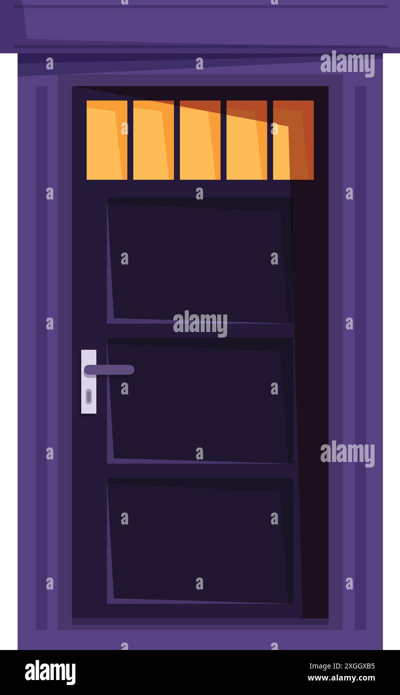 Dark purple front door with a barred window at the top is opening into ...