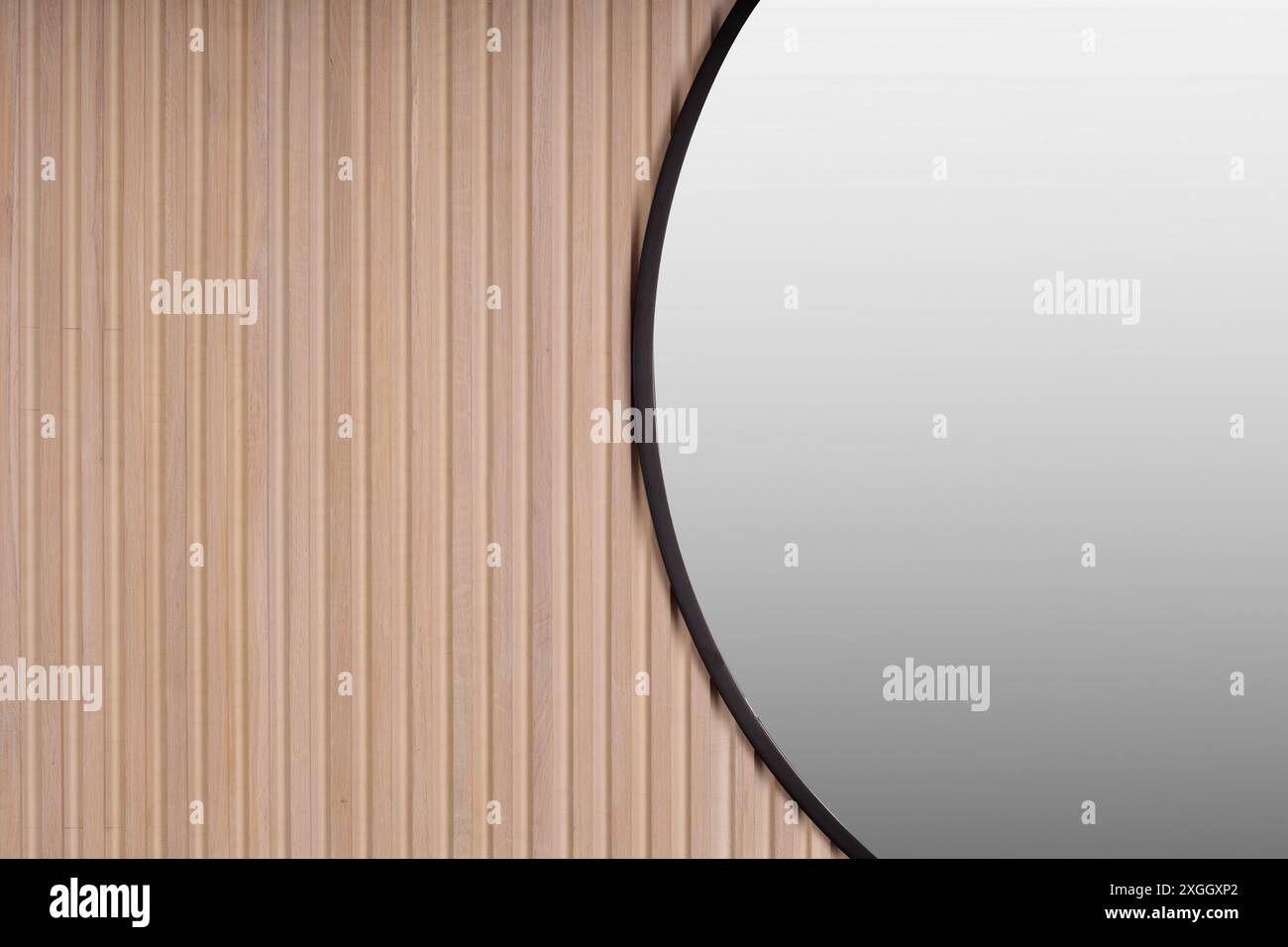 Modern Wood Paneling with Round Mirror Stock Photo - Alamy