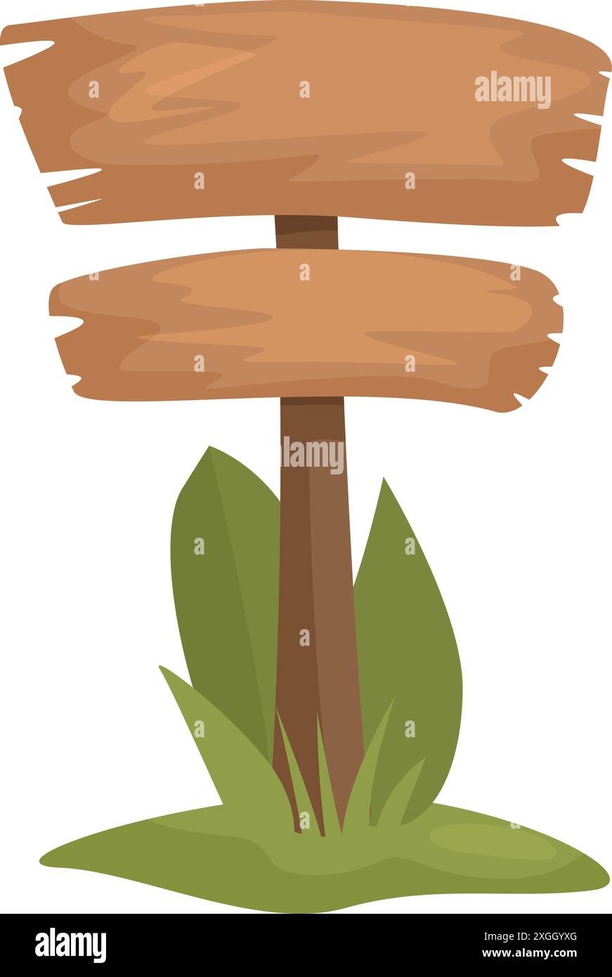 Cartoon style wooden sign standing on a patch of grass with leaves is ...