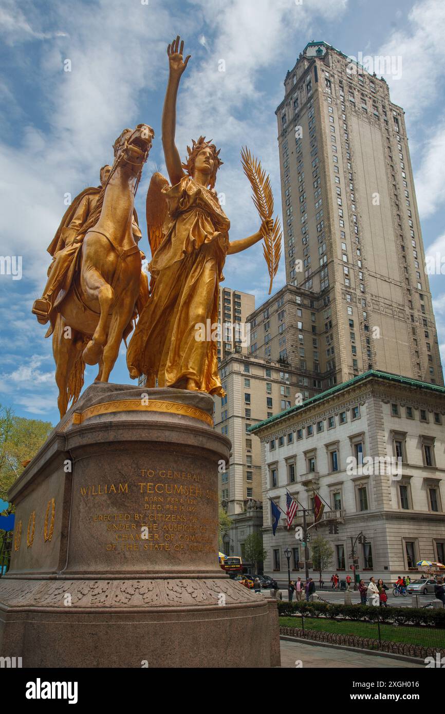 The golden monument of General William Tecumseh Sherman with a guiding ...
