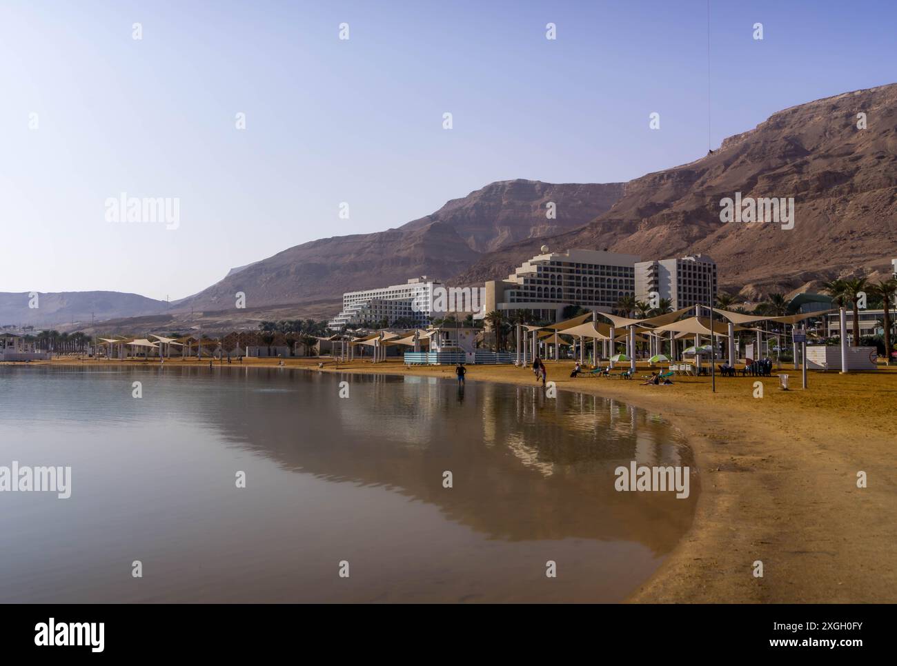 The Dead Sea coast at Ein Bokek resort, with the beach area, the luxury hotel buildings, the ...
