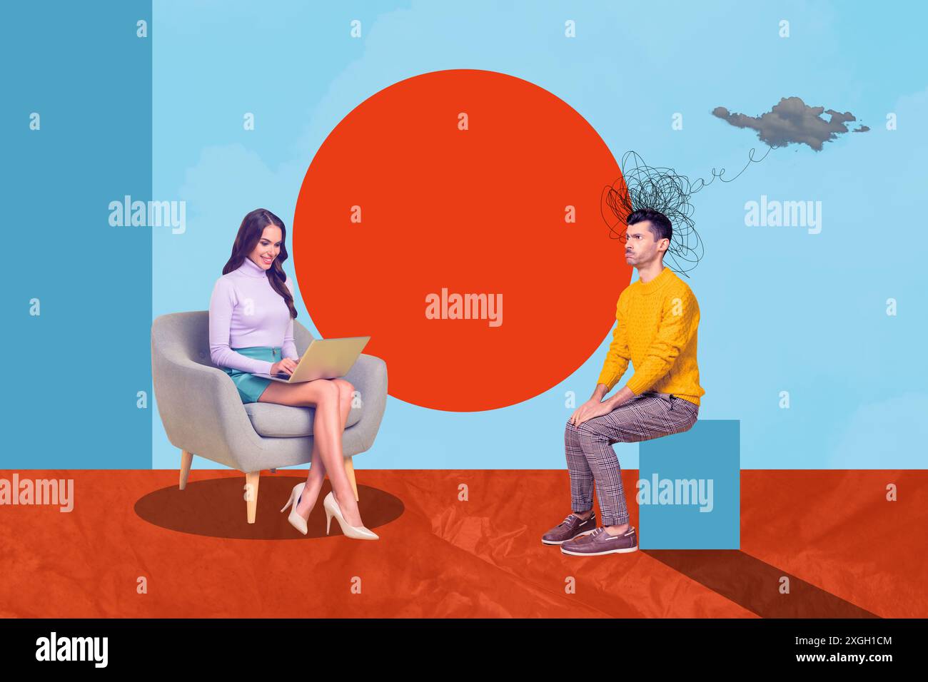 Creative collage image young man candidate work vacancy beautiful lady ...