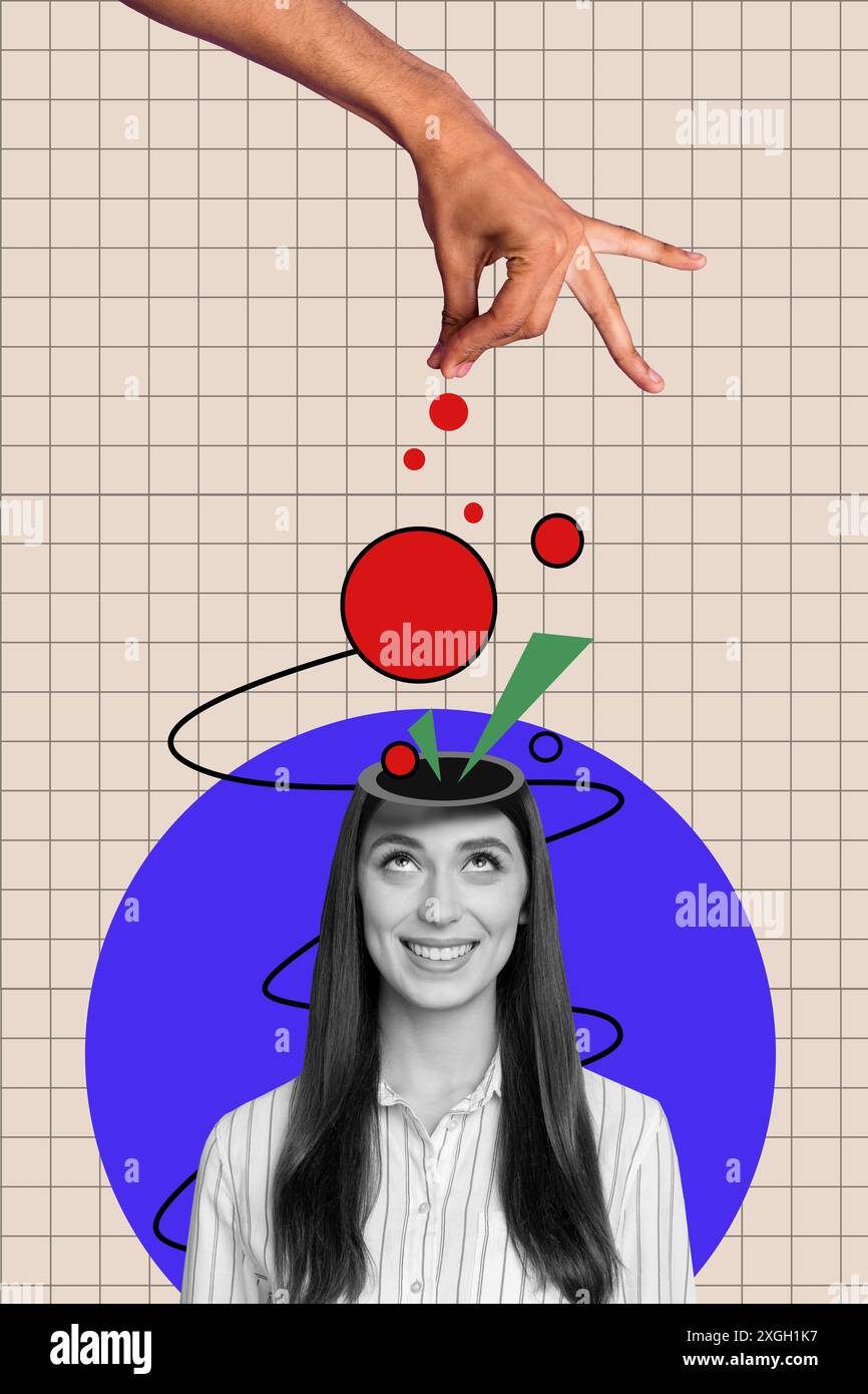 Creative trend collage of smiling female idea brainstorm hand hold ...