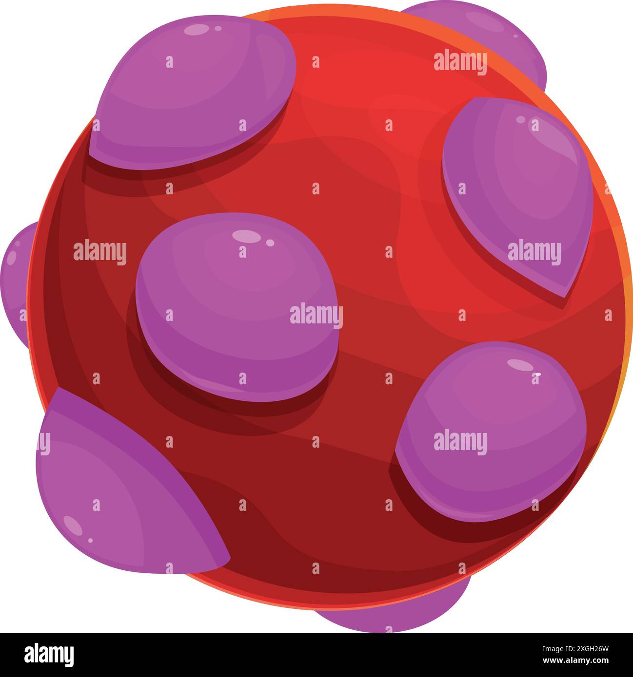 Cartoon Red Planet With Purple Craters From Asteroid Impact Floating In Open Space Stock Vector