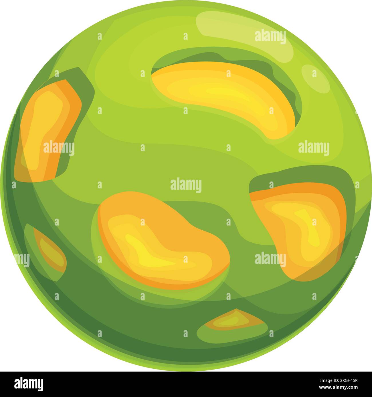 Cartoon illustration of a bright green planet with yellow craters ...