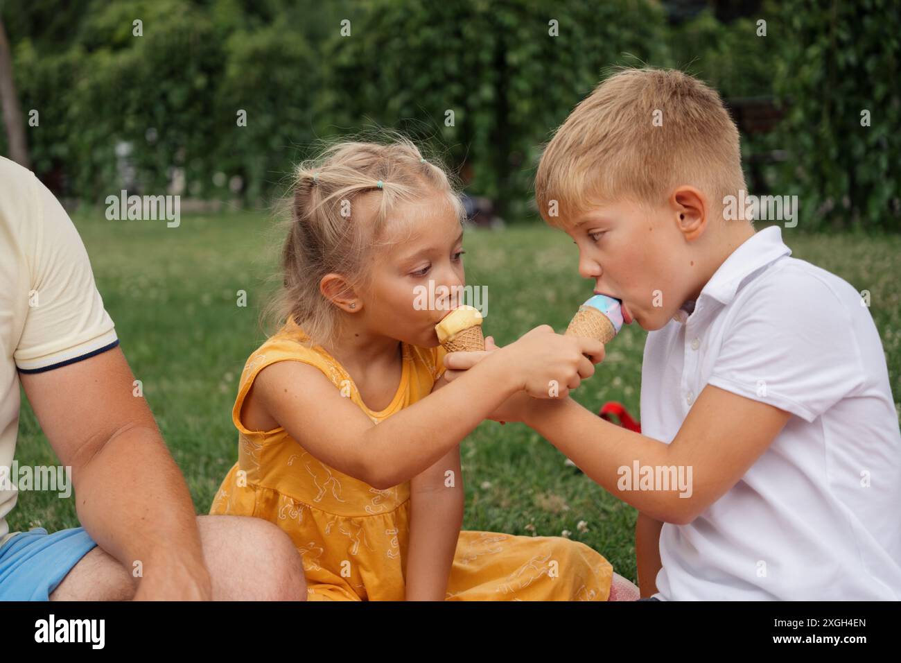 Kids sharing ice cream cones in summer park scene Stock Photo - Alamy