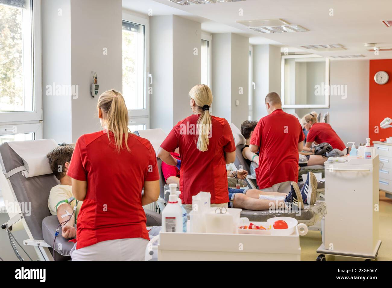 06 July 2024, Brandenburg, Cottbus: Blood donors lie in the blood ...