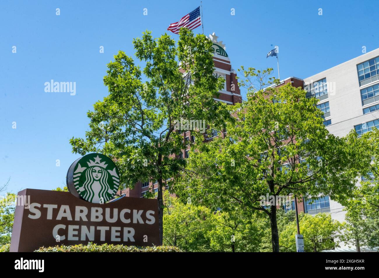 Seattle, USA. 06th July, 2024. A sign with the Starbucks logo marks the ...