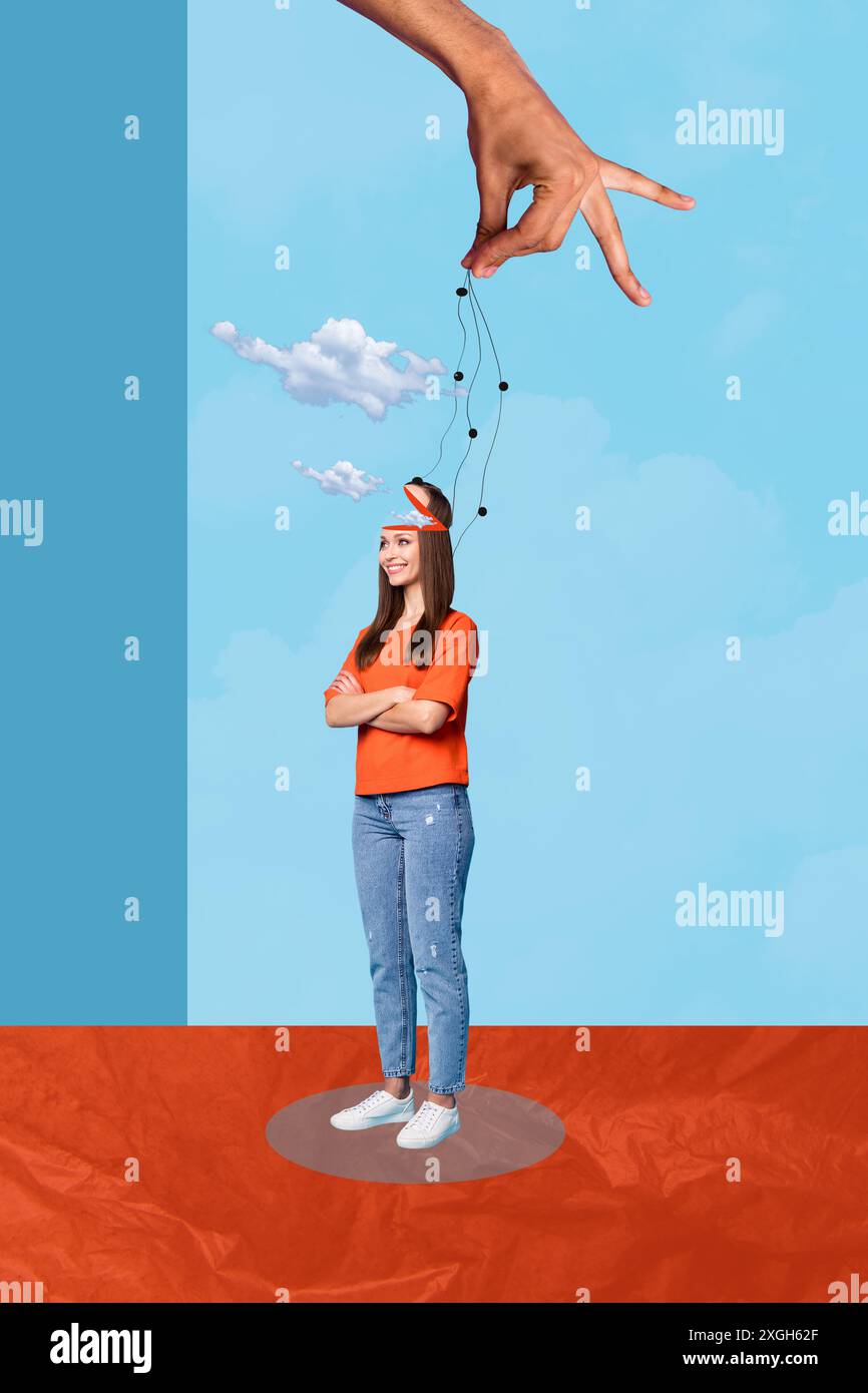 Vertical poster collage psychedelic image young cheerful woman hand ...