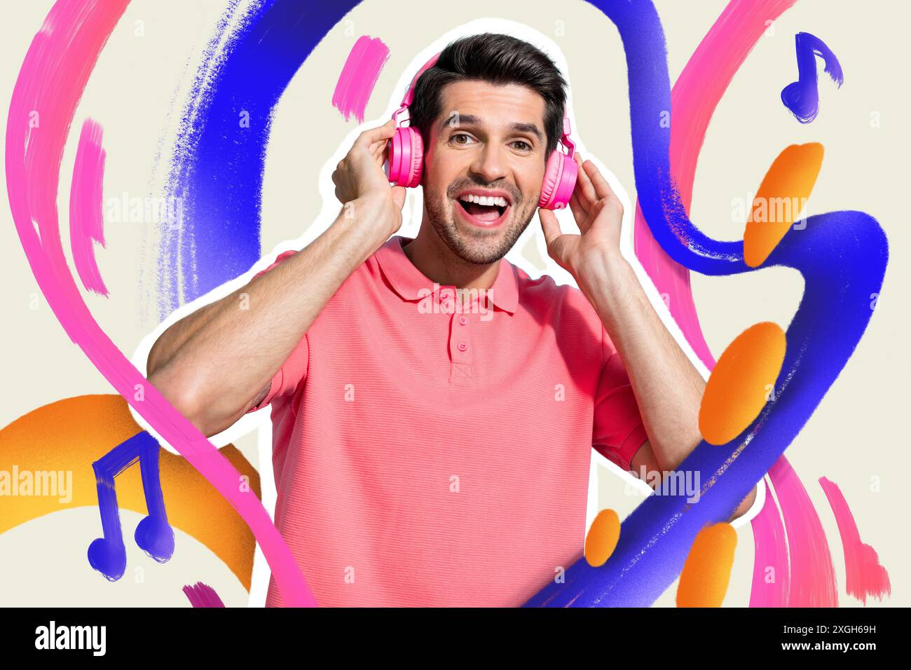 Creative collage picture young man listen music entertainment ...