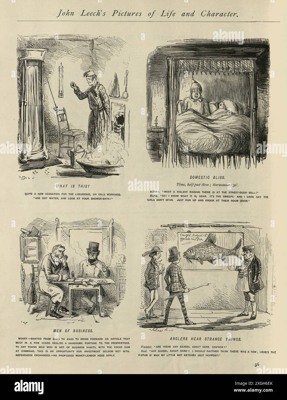 Vintage illustration cartoon by John Leech, Cold shower, Domestic bliss ...