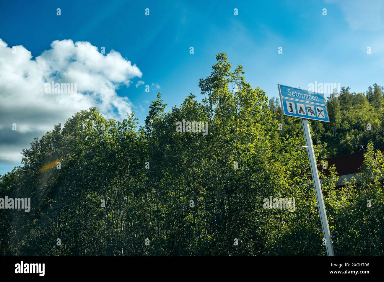 A blue road sign indicating a camping spot with green forest and blue ...