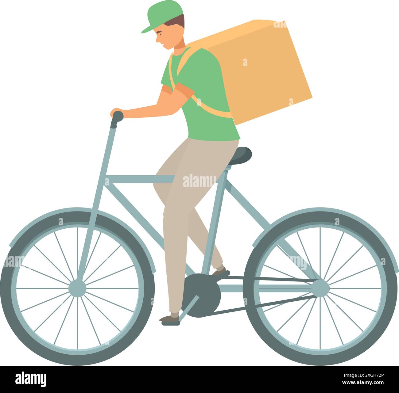 Delivery man is riding a bike with a cardboard package on his back ...
