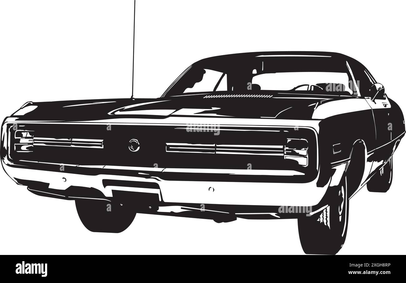 Vintage american muscle car from the 1970s low angle front view ...