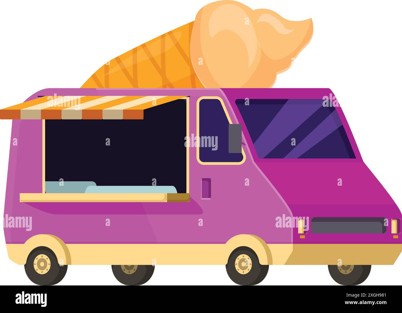 Cartoon style pink ice cream truck with a big ice cream cone on top ...