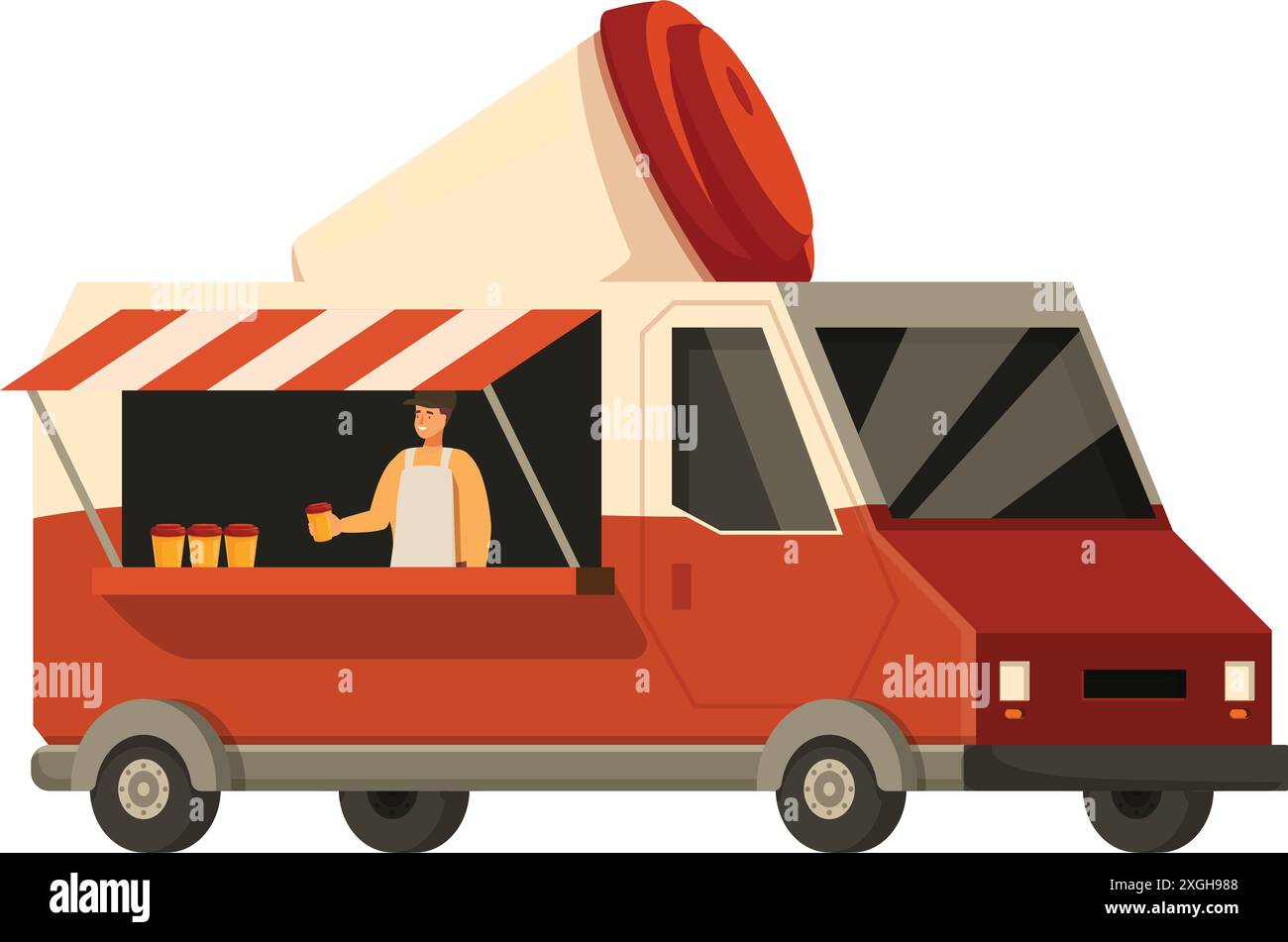 Street food van selling coffee, barista preparing a takeaway beverage ...