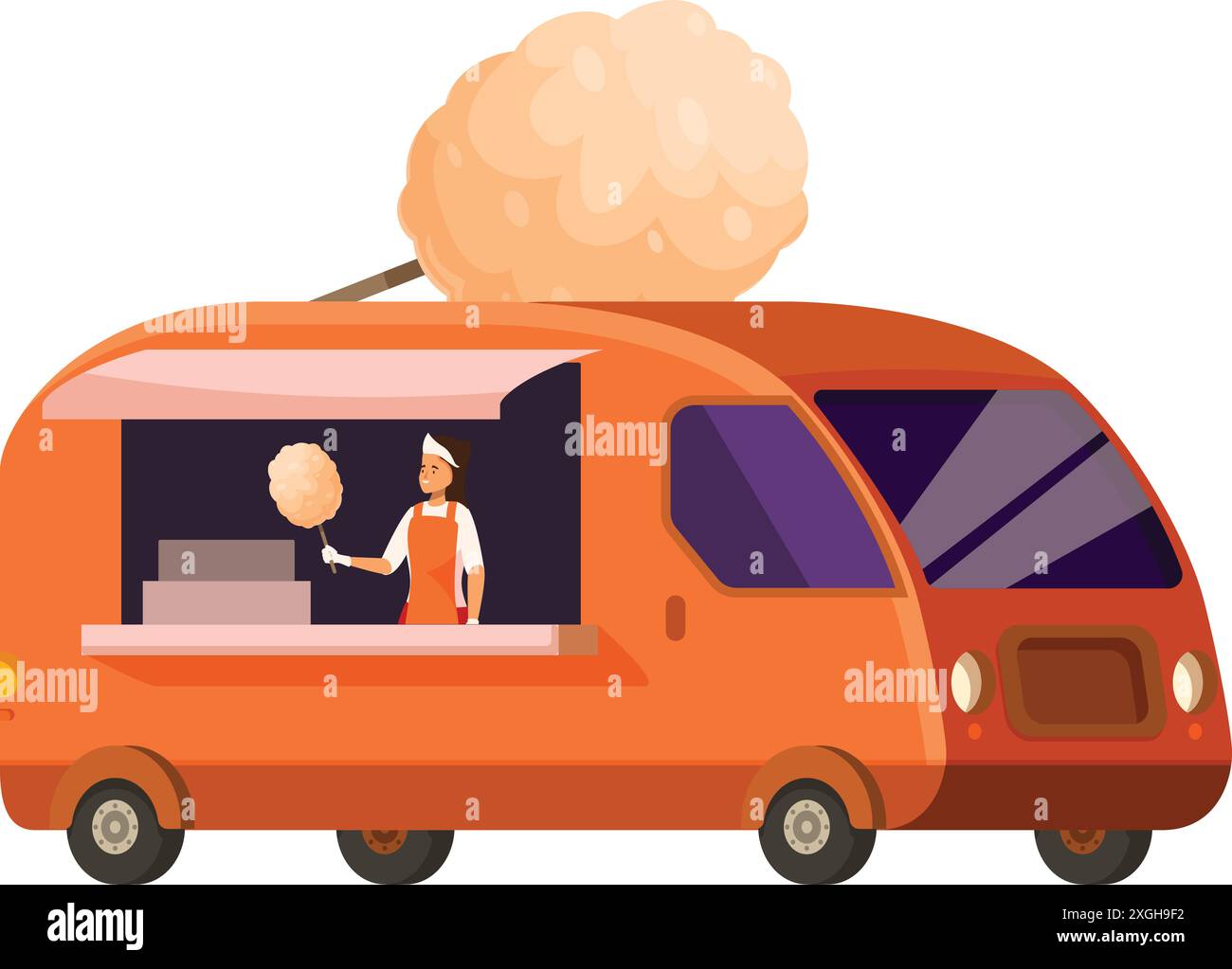 Street food van painted orange with its friendly staff member making ...