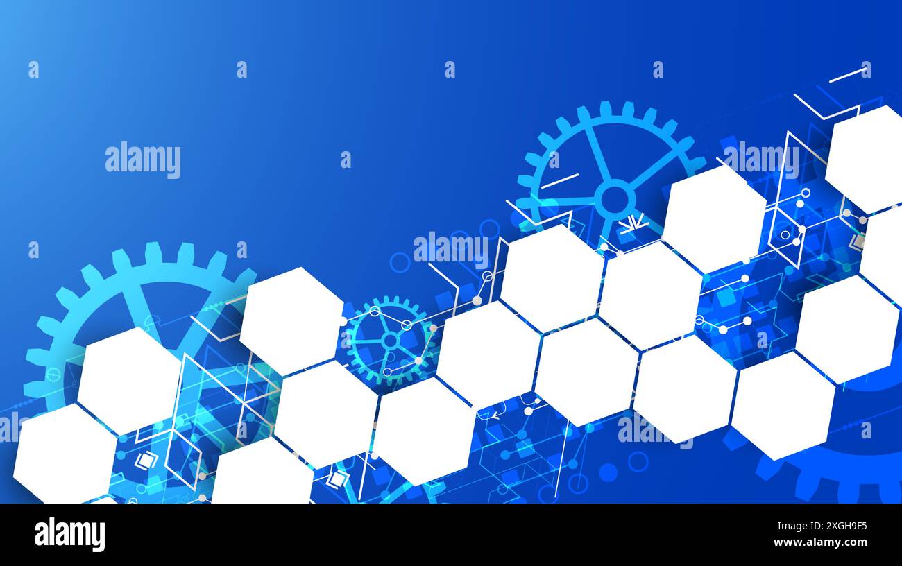 Gear wheel technology pattern on blue gradient background with hexagons ...