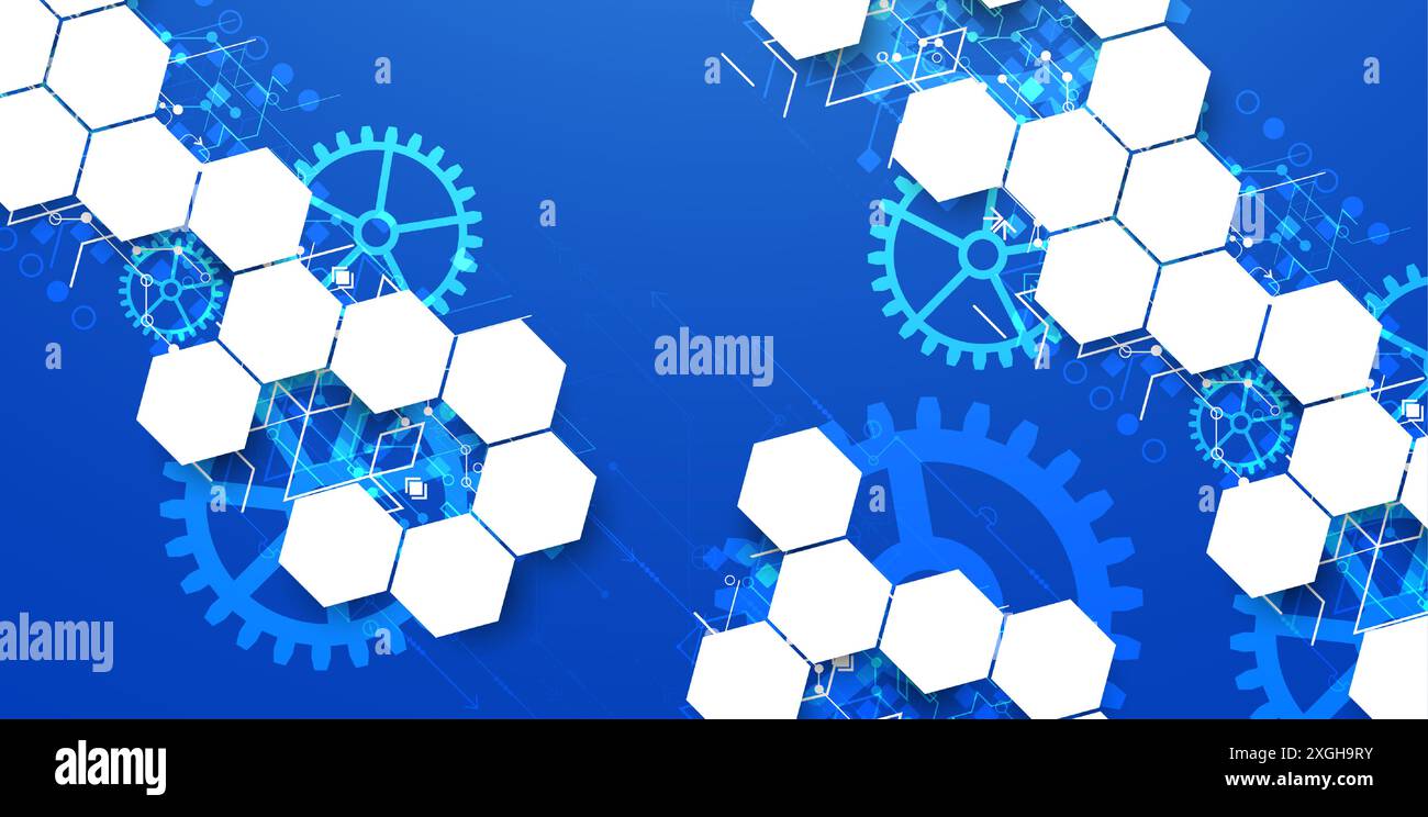 Gear wheel technology pattern on blue gradient background with hexagons ...