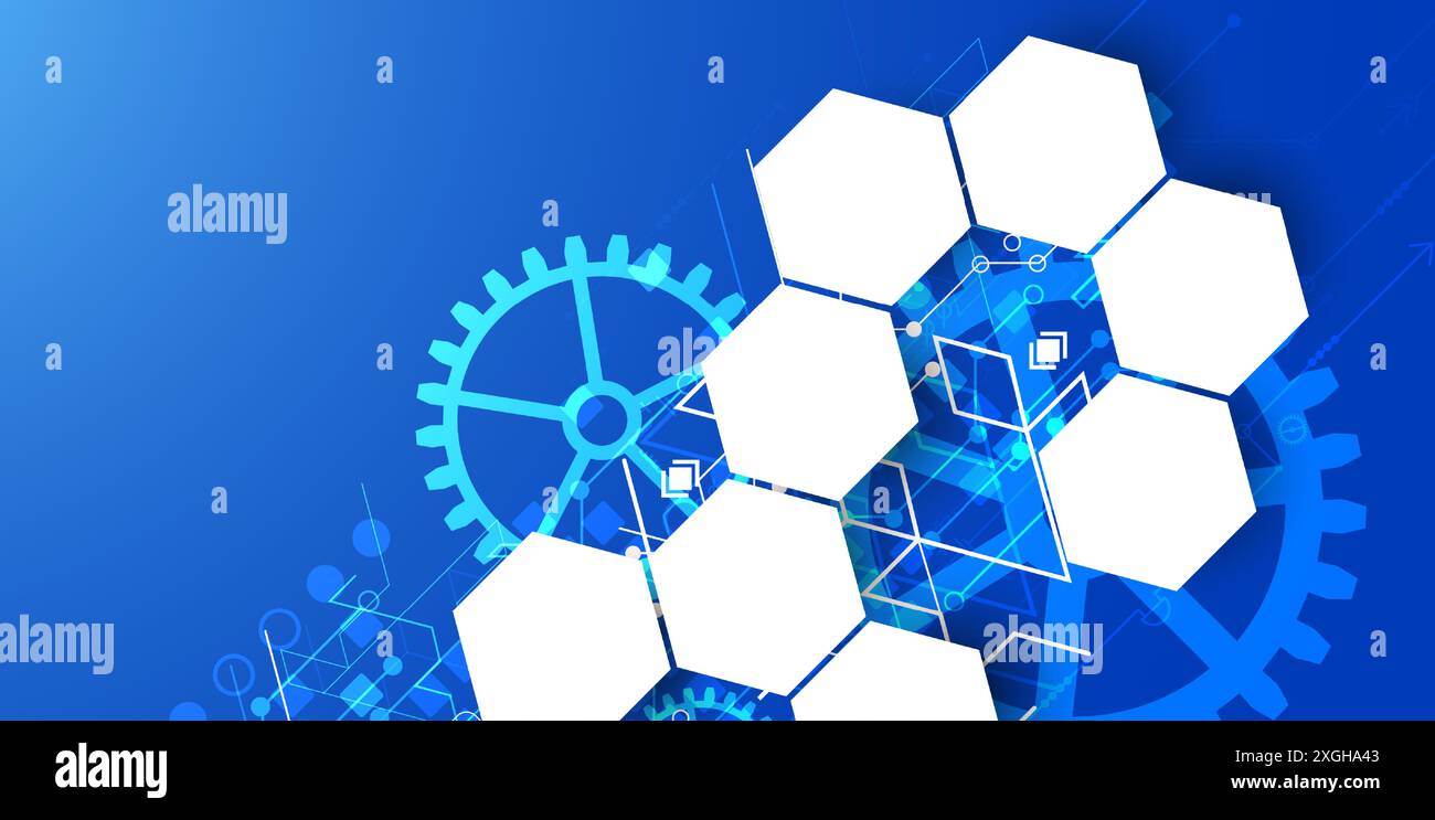 Gear wheel technology pattern on blue gradient background with hexagons ...