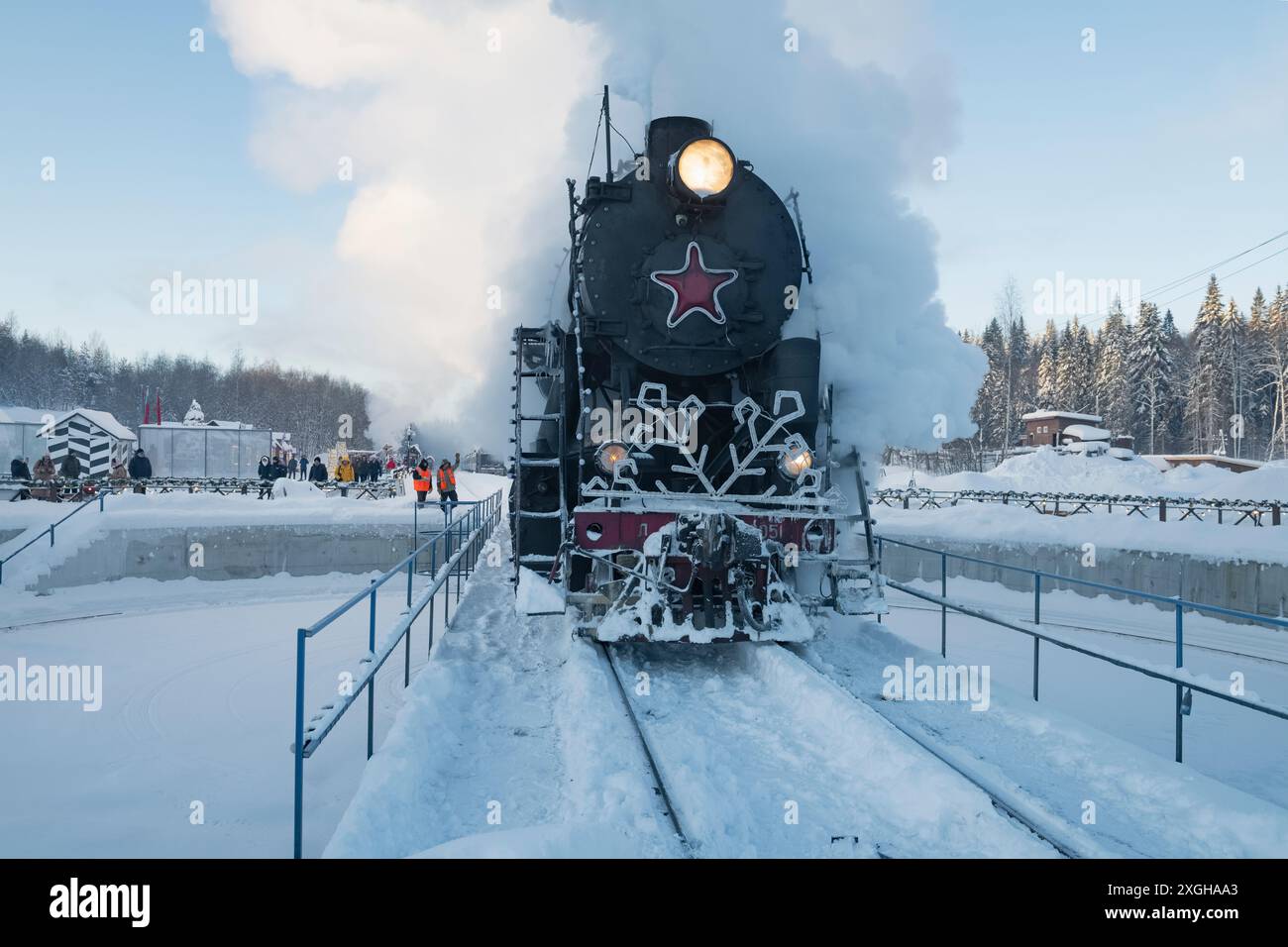 RUSKEALA, RUSSIA - JANUARY 20, 2024: Soviet steam locomotive L-3051 ...