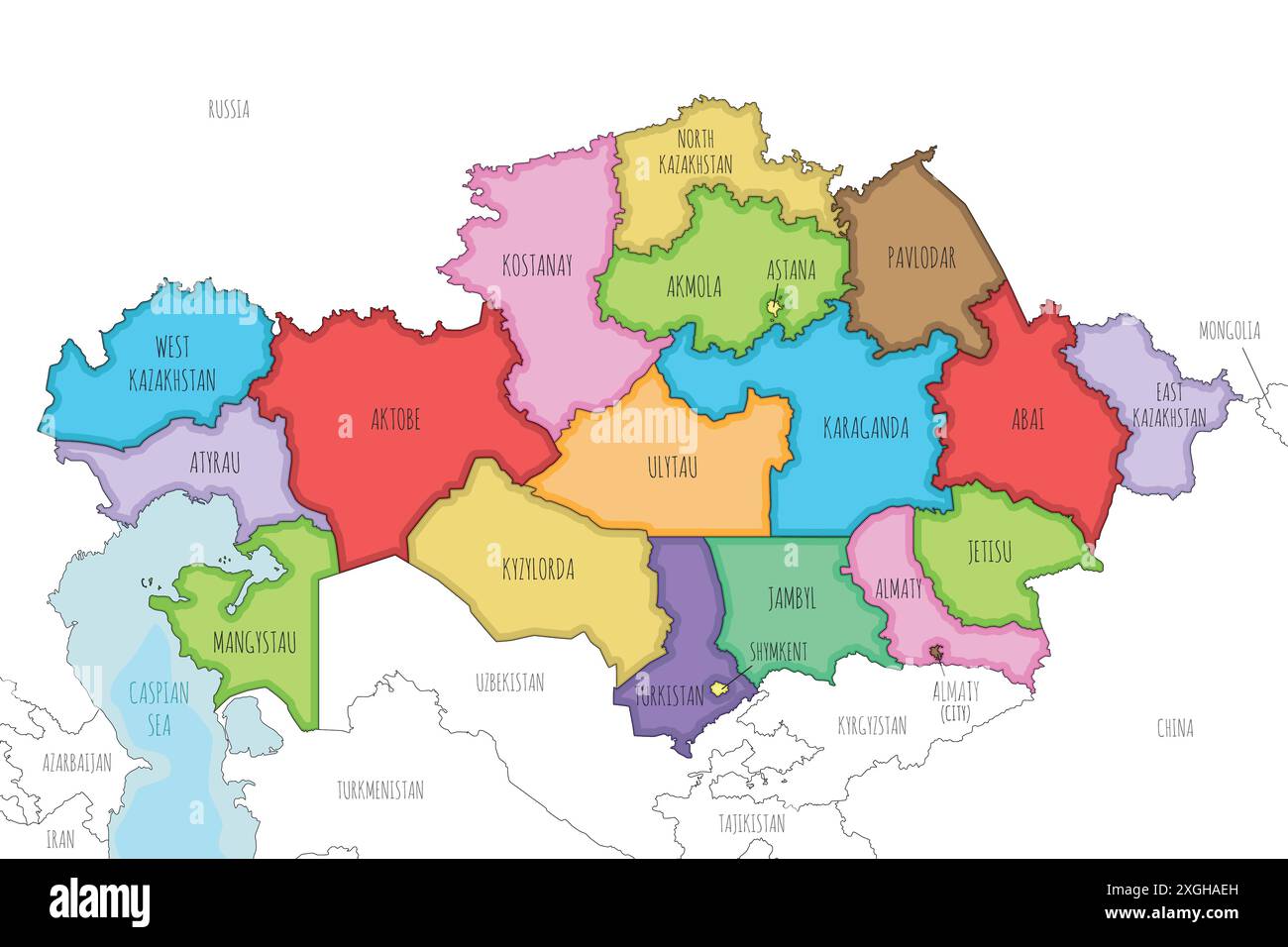 Vector illustrated map of Kazakhstan with regions, independent cities ...