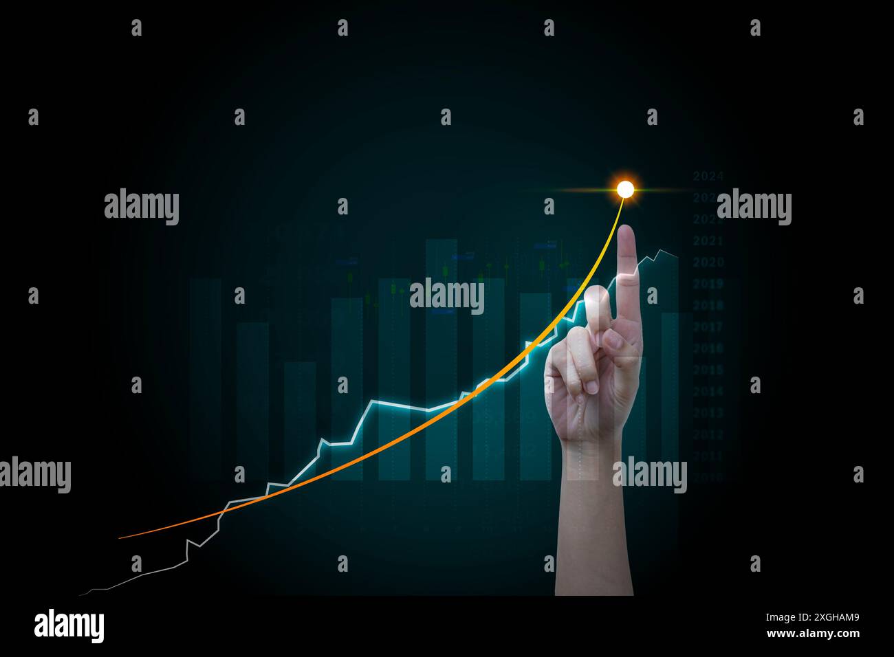 Businessman hand pointing finger to growth success finance business chart of metaverse ...