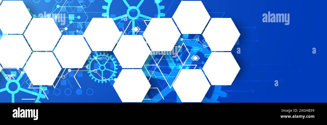 Gear wheel technology pattern on blue gradient background with hexagons ...