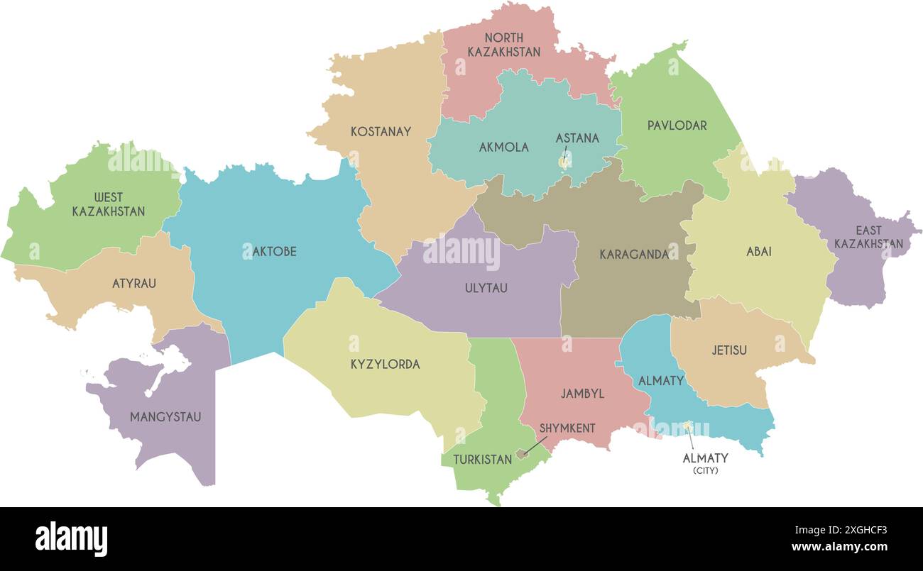 Vector map of Kazakhstan with regions, independent cities and ...