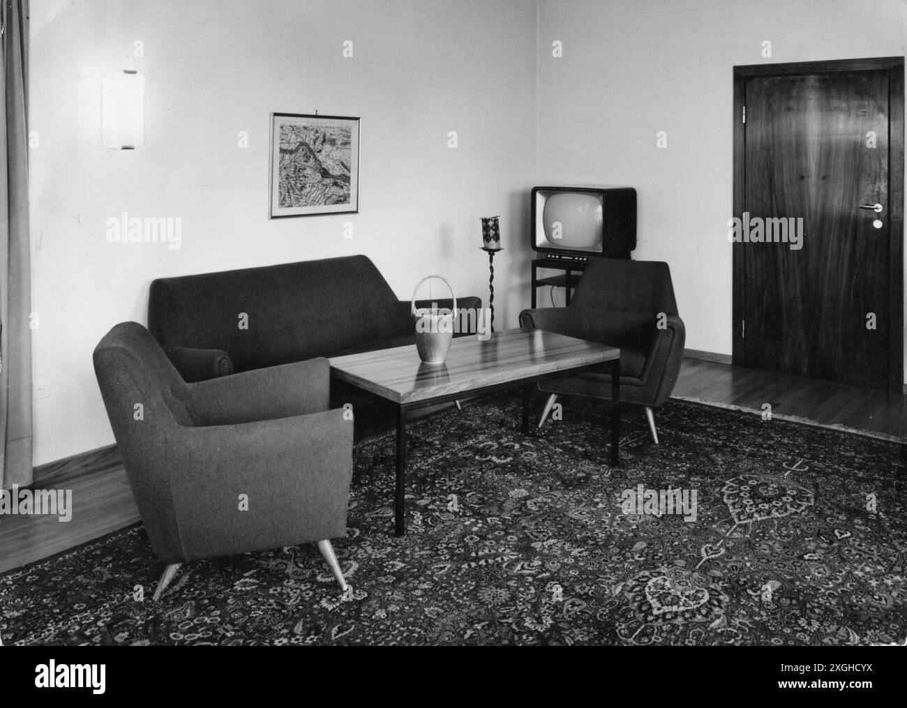 furnishings, rooms, living-room with upholstered suite, Germany, 1950s ...