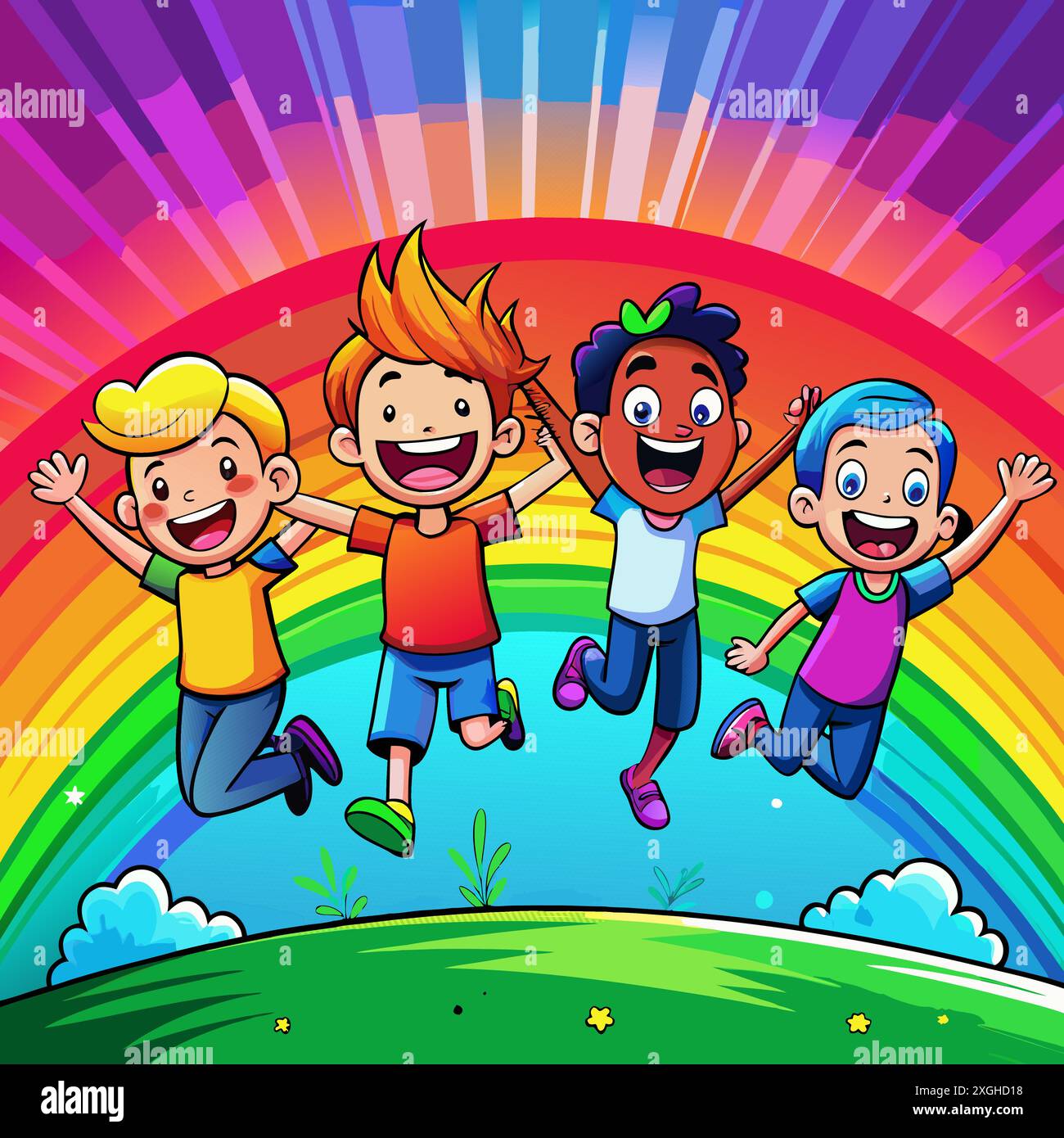 A vibrant rainbow gradient with silhouettes of friends jumping in joy ...