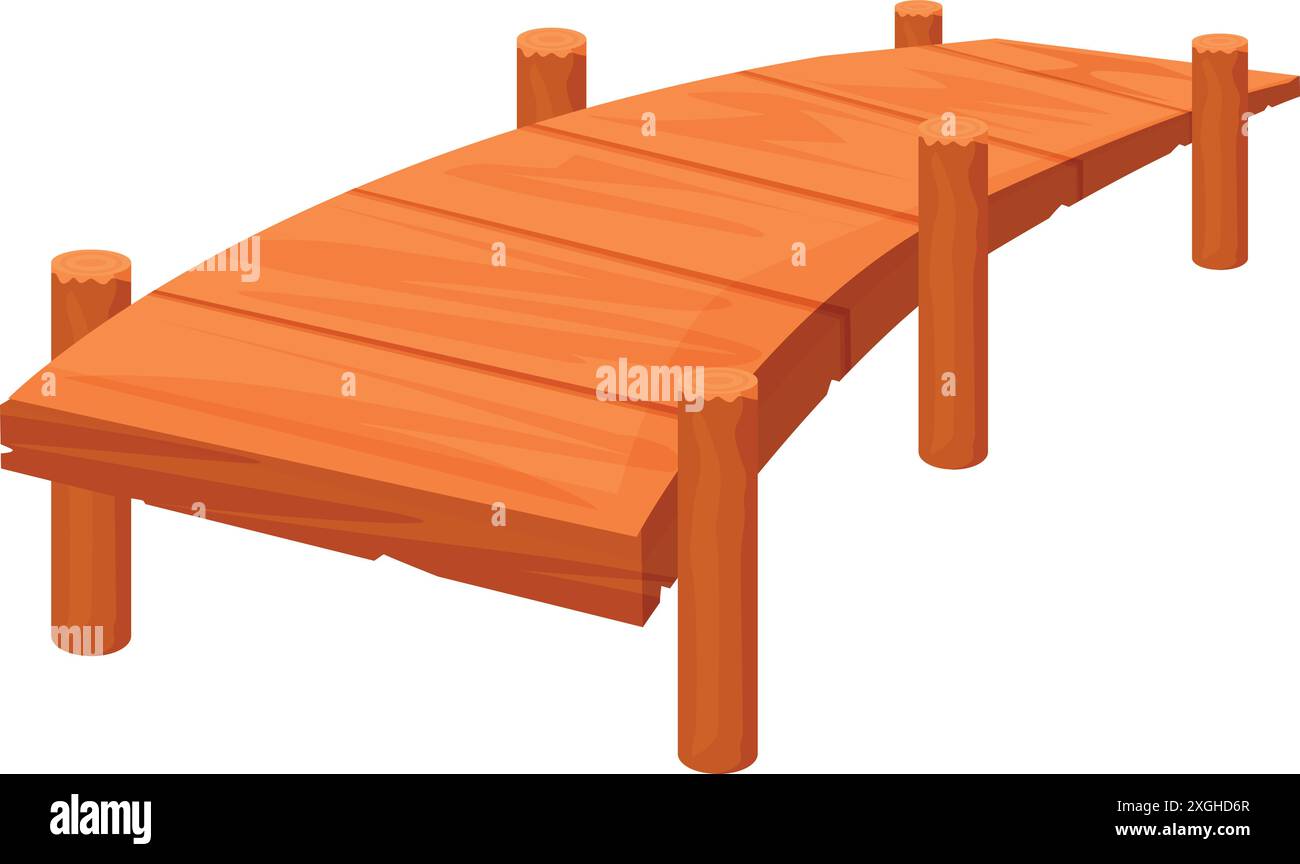 Curved wooden pier standing on white background, cartoon style ...