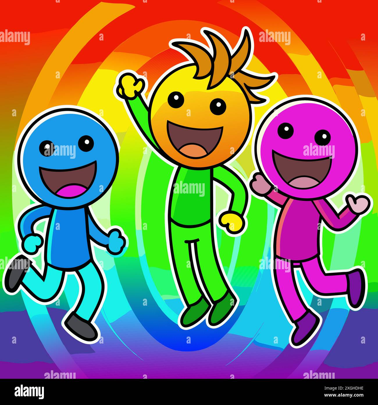A vibrant rainbow gradient with silhouettes of friends jumping in joy ...